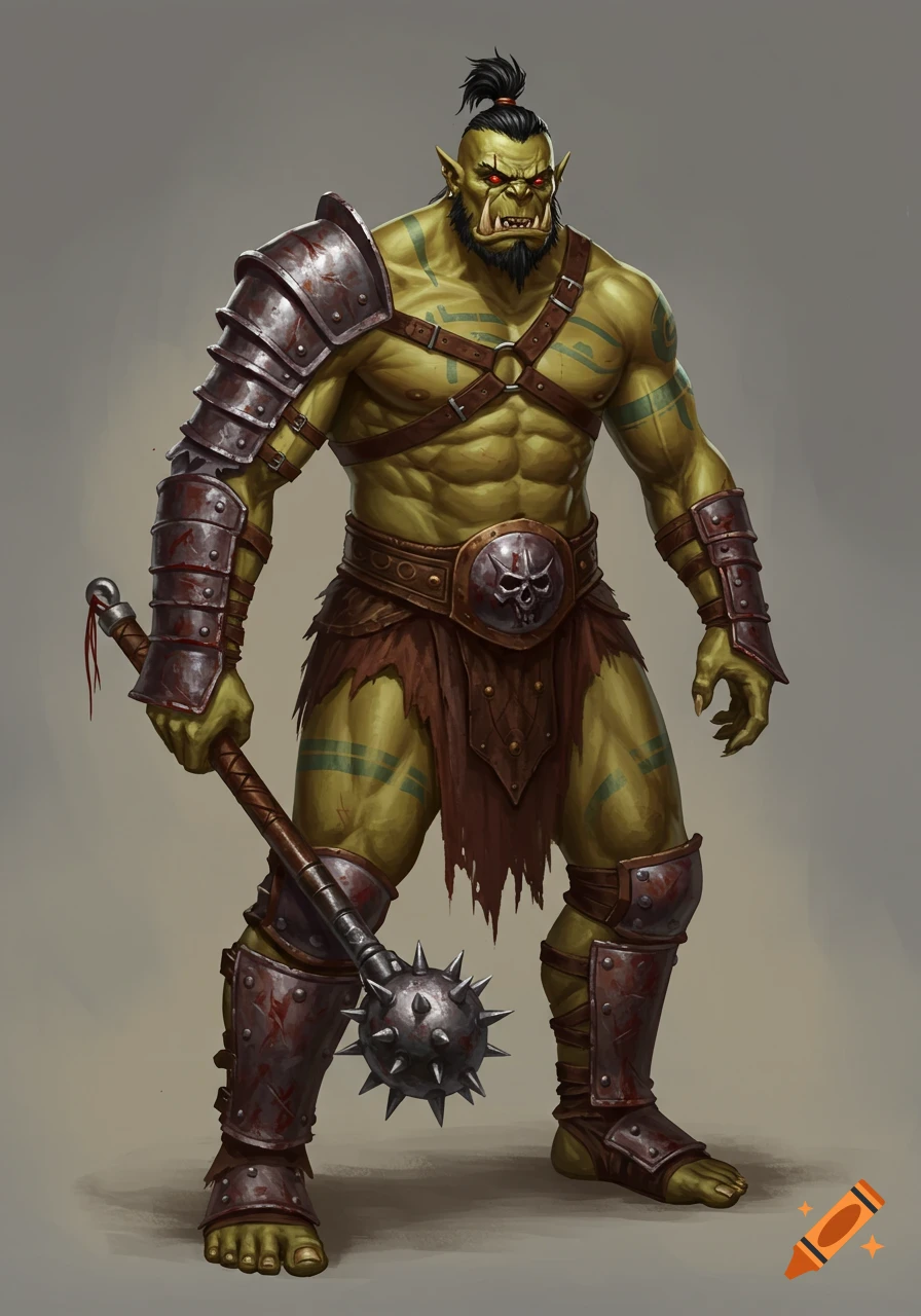 Muscular green orc gladiator with scarred metal armor and tattered loincloth, holding a spiked ...