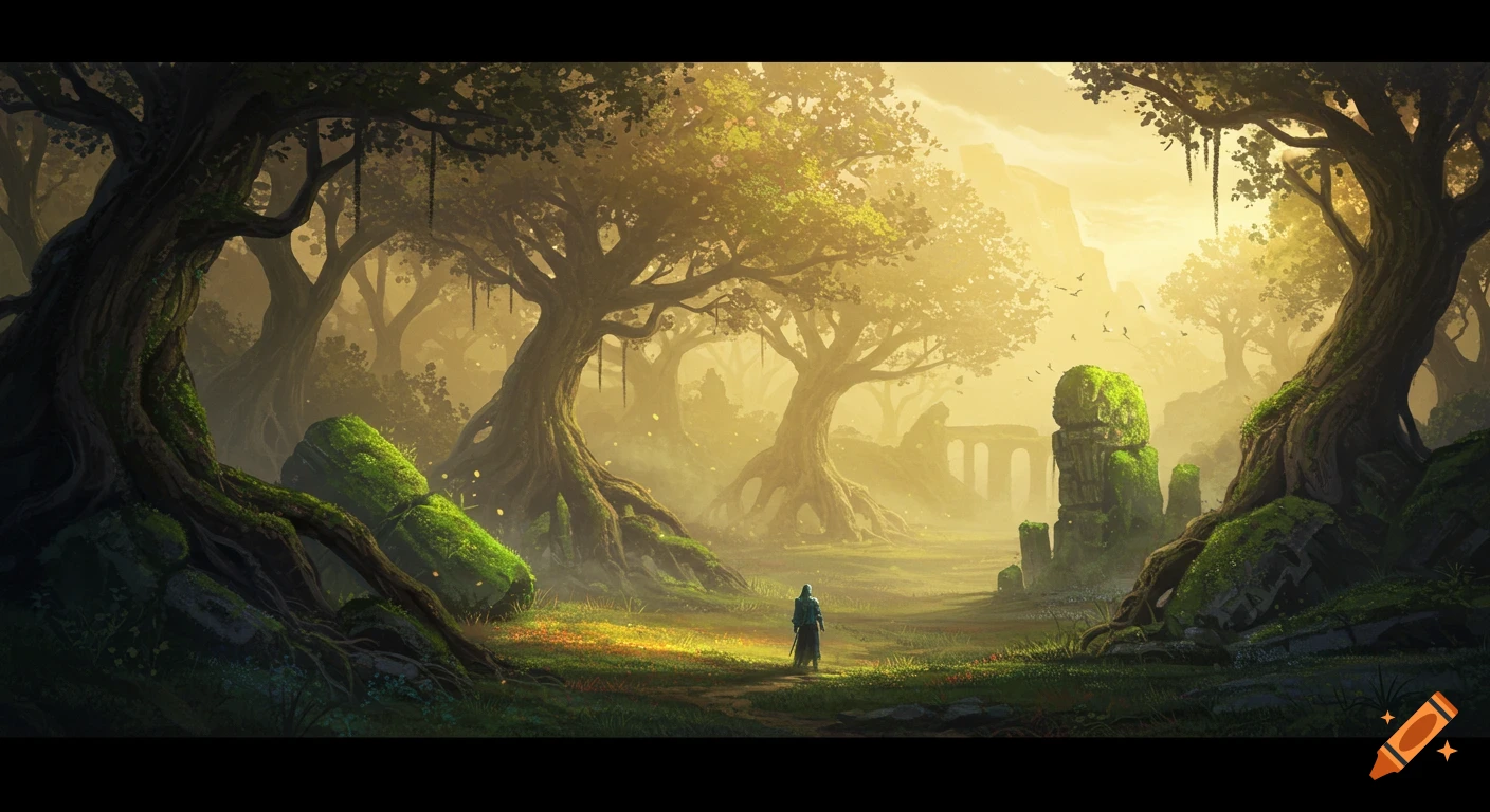 A lone figure walks through a mystical valley at dawn, filled with golden mist, ancient trees ...