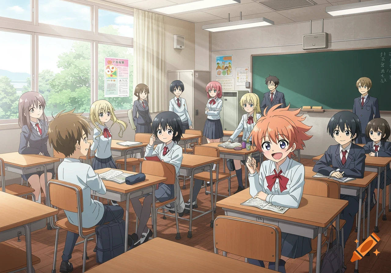 An anime illustration of a busy school classroom with multiple students ...
