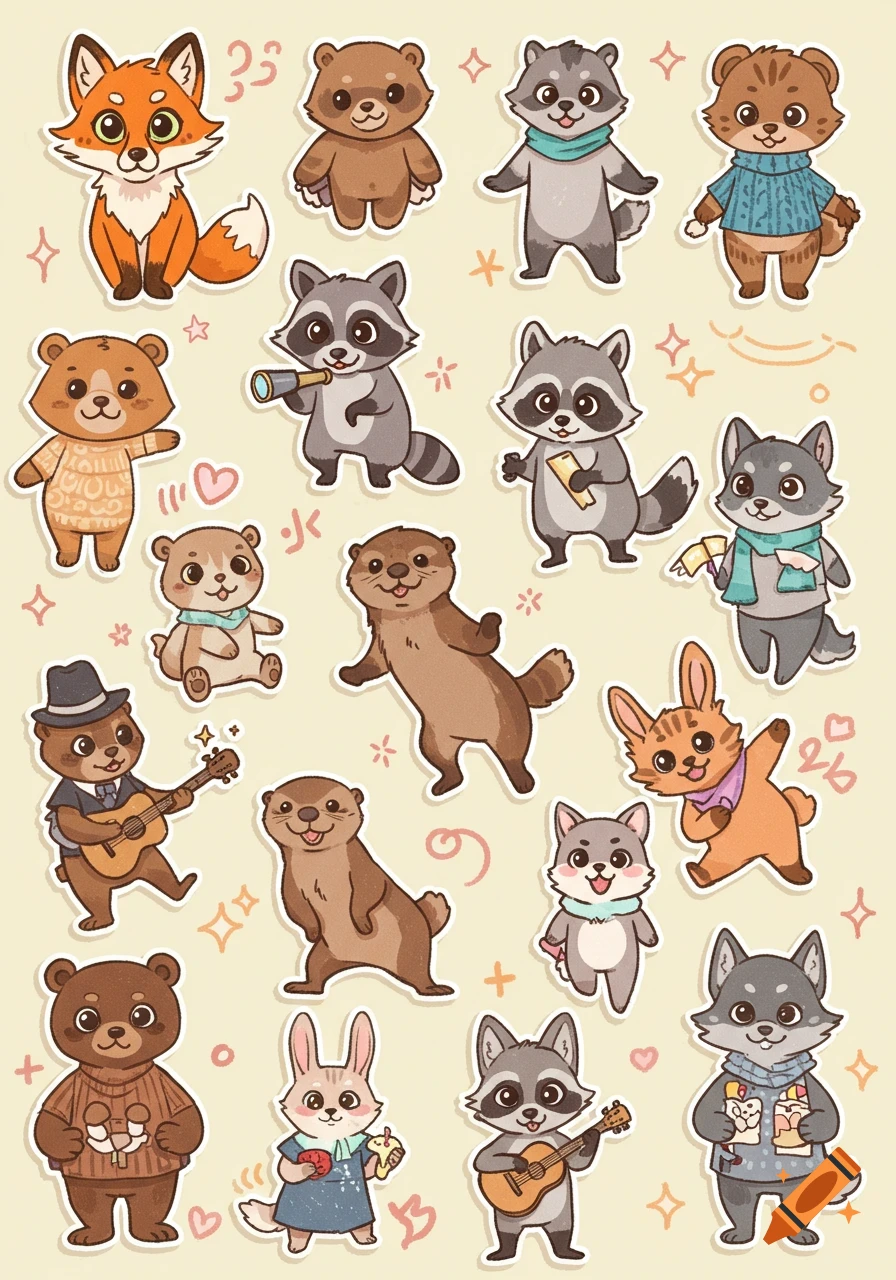 A page of cute cartoon animal stickers including foxes, bears, raccoons ...