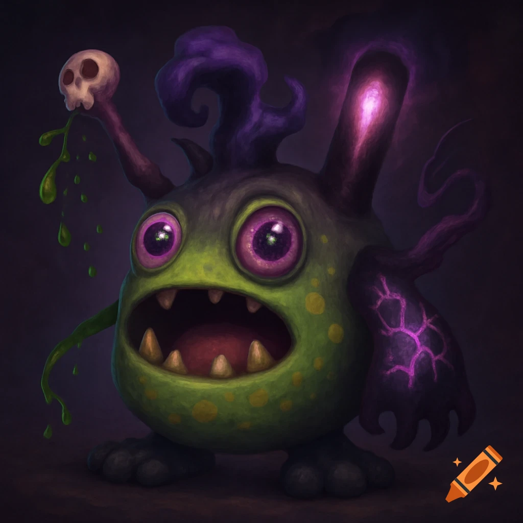 A cute, green, cartoon monster with large pink eyes, jagged teeth ...