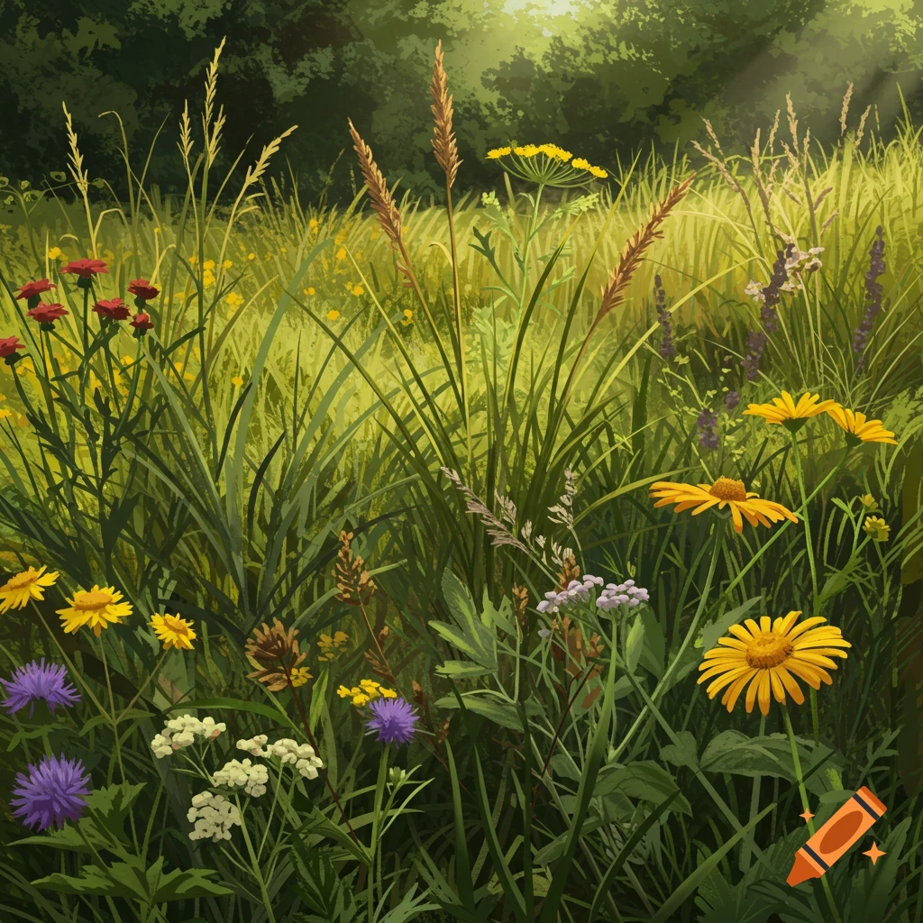 A vibrant, illustrative meadow filled with tall green grasses and various colorful wildflowers ...