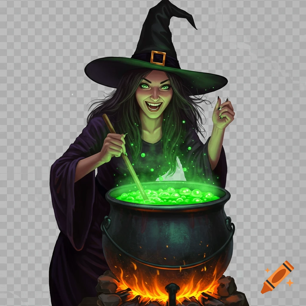 A smiling witch with green eyes stirring a glowing green cauldron over ...
