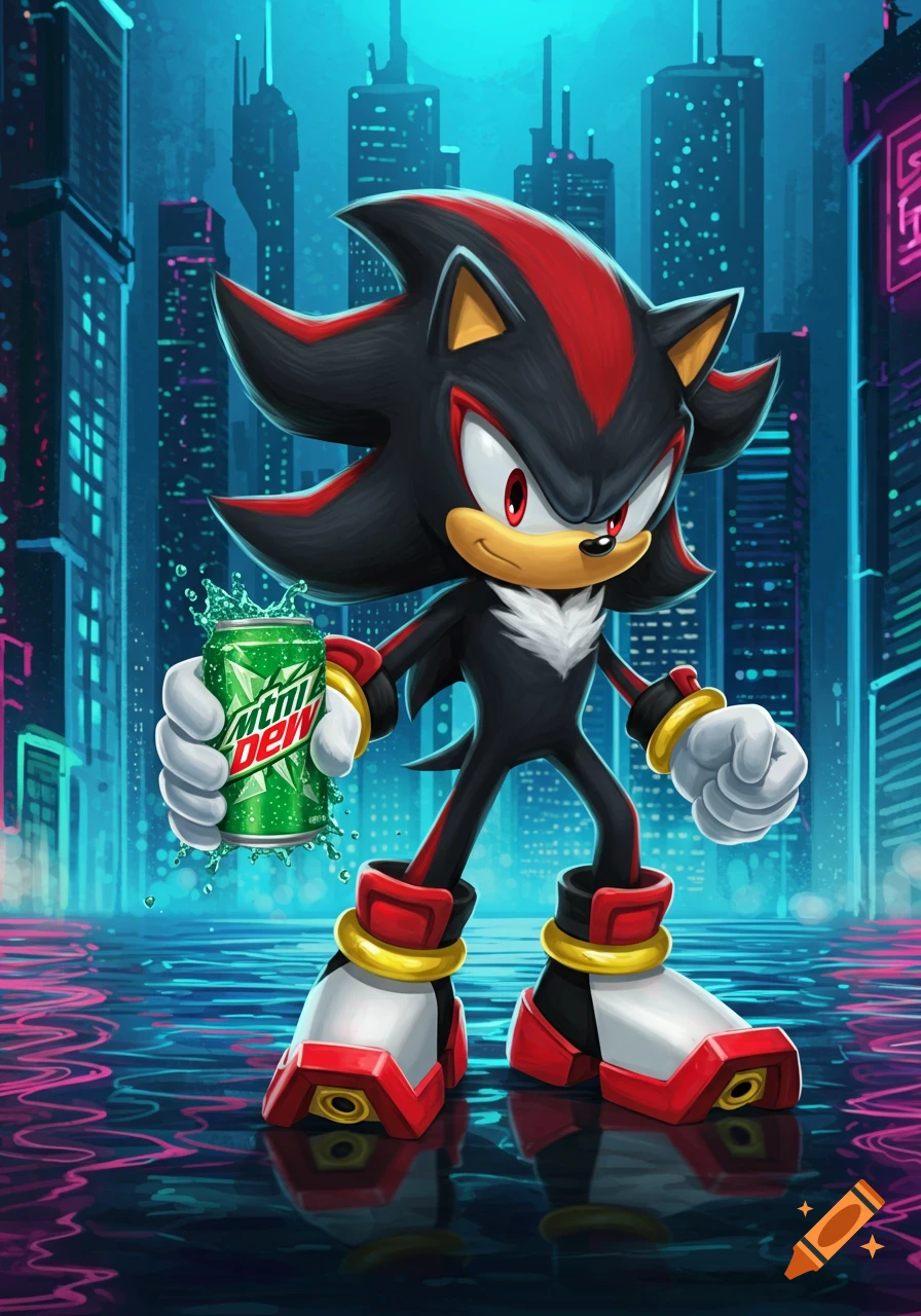 Shadow the Hedgehog holds a Mountain Dew can amidst a neon-lit city at ...