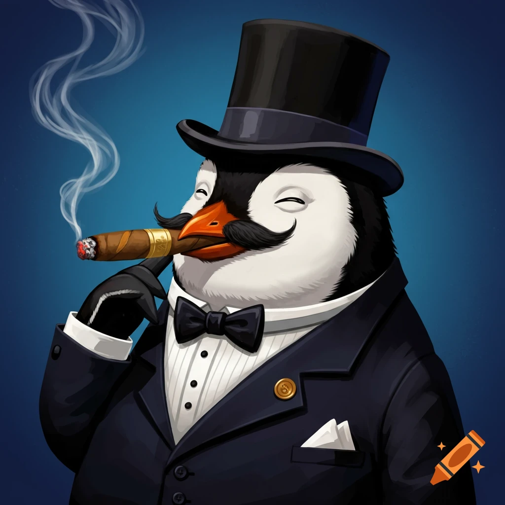 A cartoon penguin in a top hat and suit with a mustache, smoking a ...