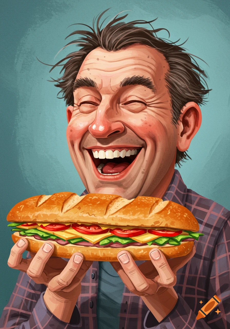 A jovial, cartoonish man with an exaggerated smile and closed eyes ...