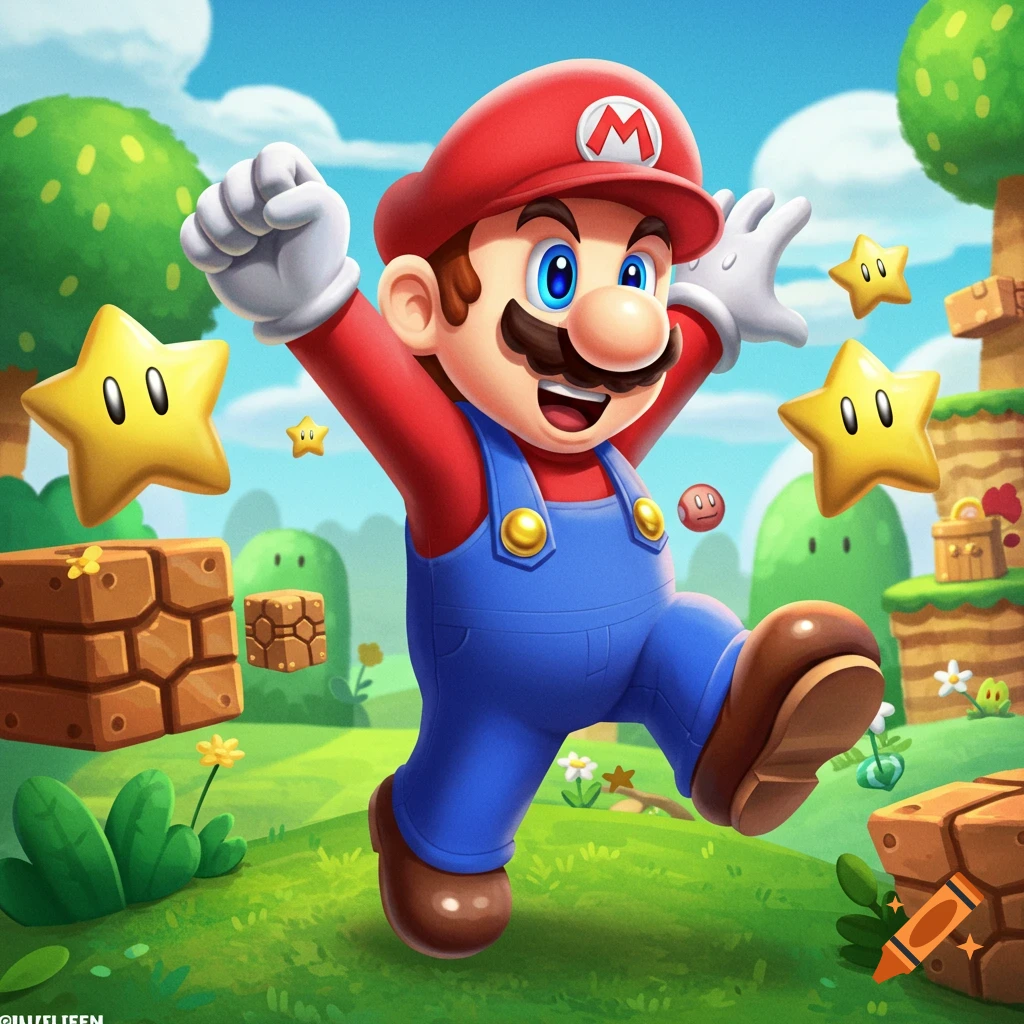 Cartoon Mario jumps joyfully in a vibrant green landscape with stars ...
