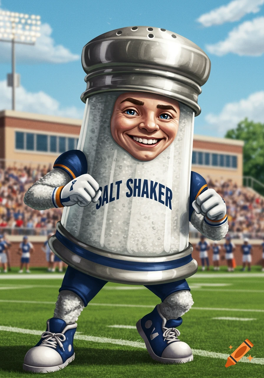 A cartoonish salt shaker mascot with a smiling human face and blue and ...