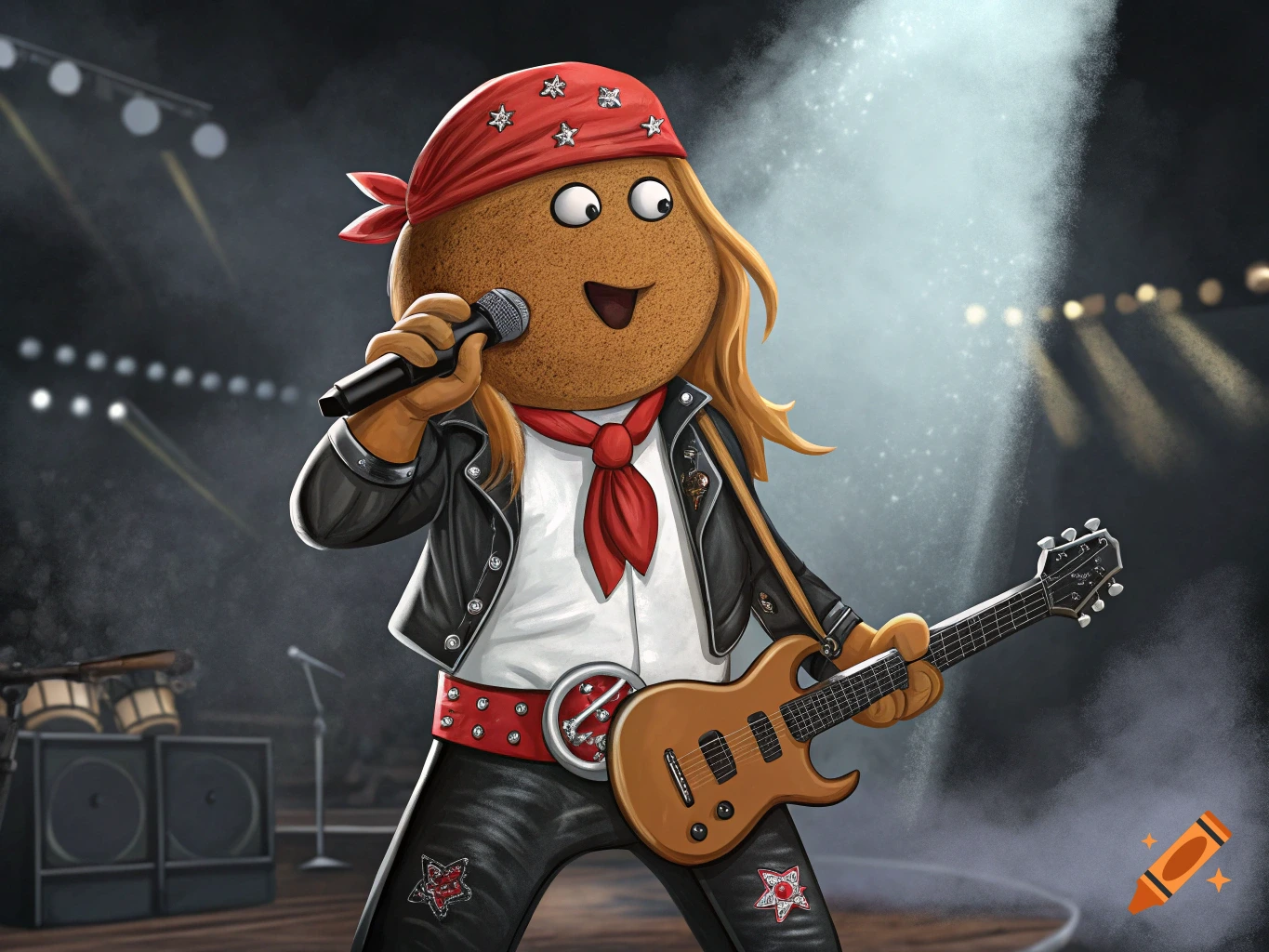 A cartoon gingerbread man dressed as a rock star, with long blonde hair ...