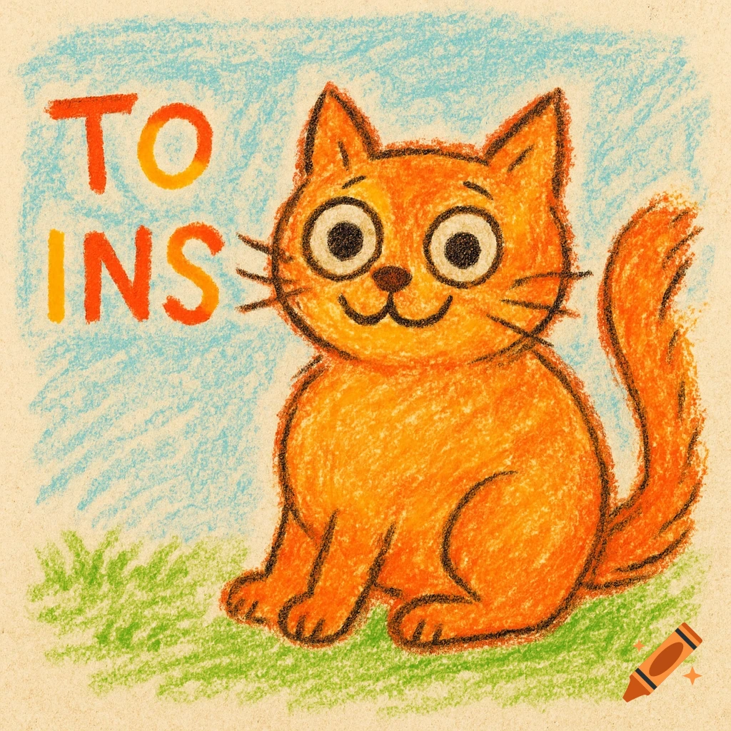 A child's crayon drawing of a friendly orange cat sitting in grass ...