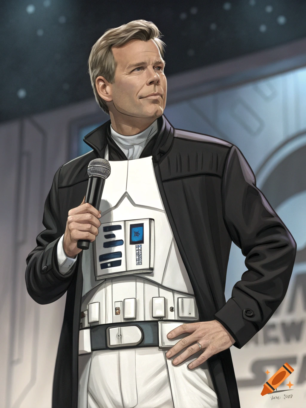 A man in a black coat over Stormtrooper armor holds a microphone on a ...