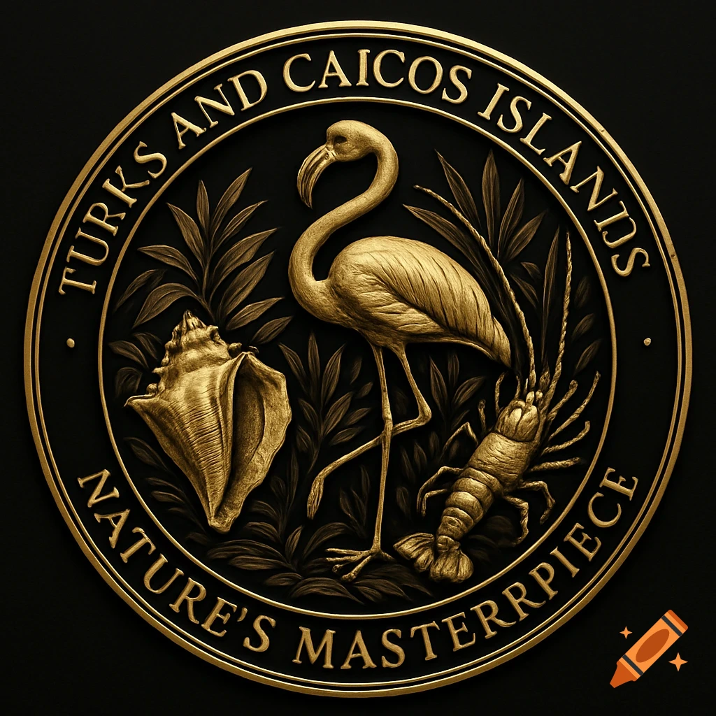 Circular gold and black Turks and Caicos Islands emblem with flamingo ...
