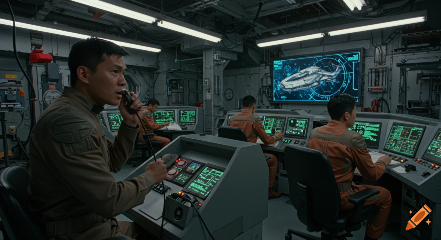 Photorealistic image of operators in a futuristic space station control room. One man speaks ...
