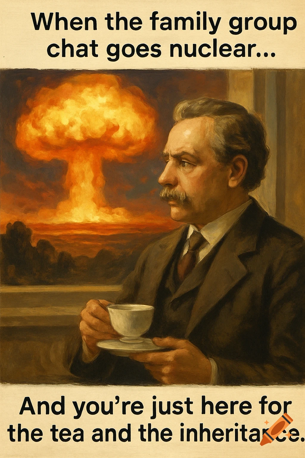 Painting of a man calmly drinking tea as a large mushroom cloud rises ...