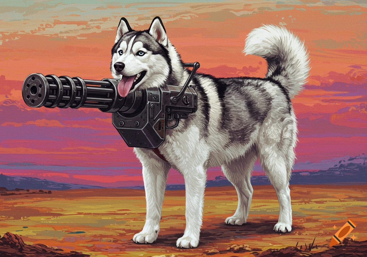 An illustration of a husky dog with a minigun as its head, standing in ...