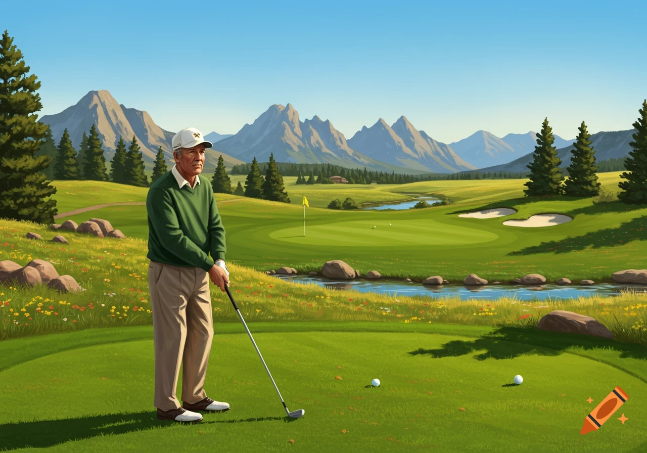 A golfer in mid-swing follow-through against a dramatic sunset, with a ...