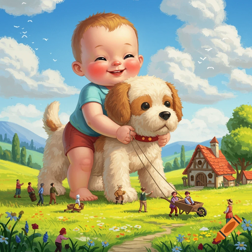 A cheerful giant baby rides a giant fluffy dog through a whimsical ...