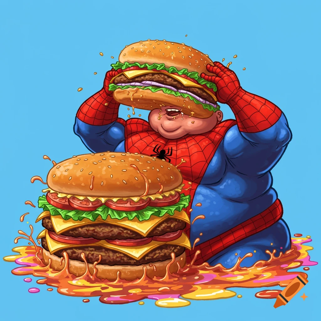 Cartoon illustration of a portly Spider-Man eating a huge burger while ...
