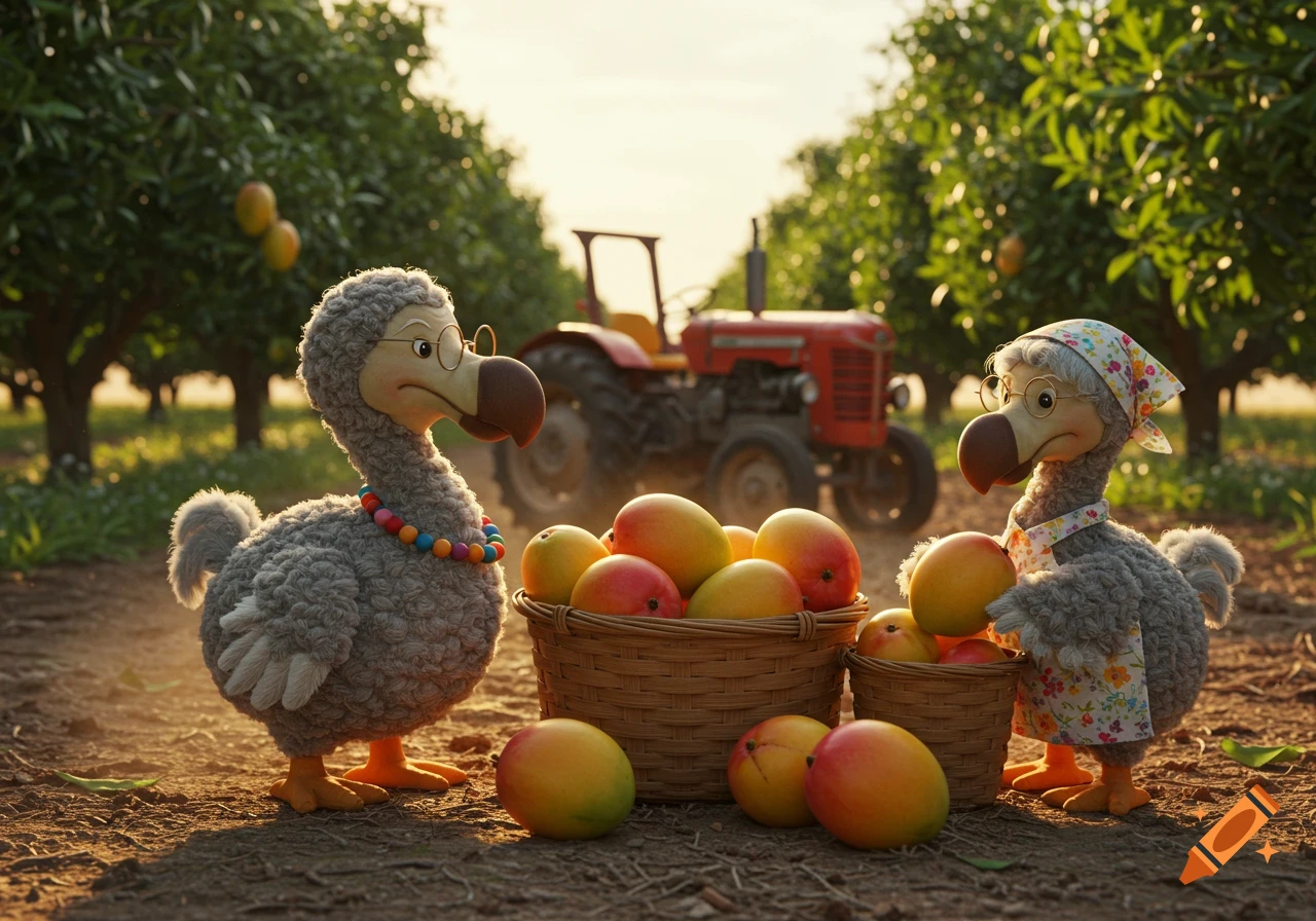 Photorealistic image of two plush dodo birds gathering mangoes in a ...