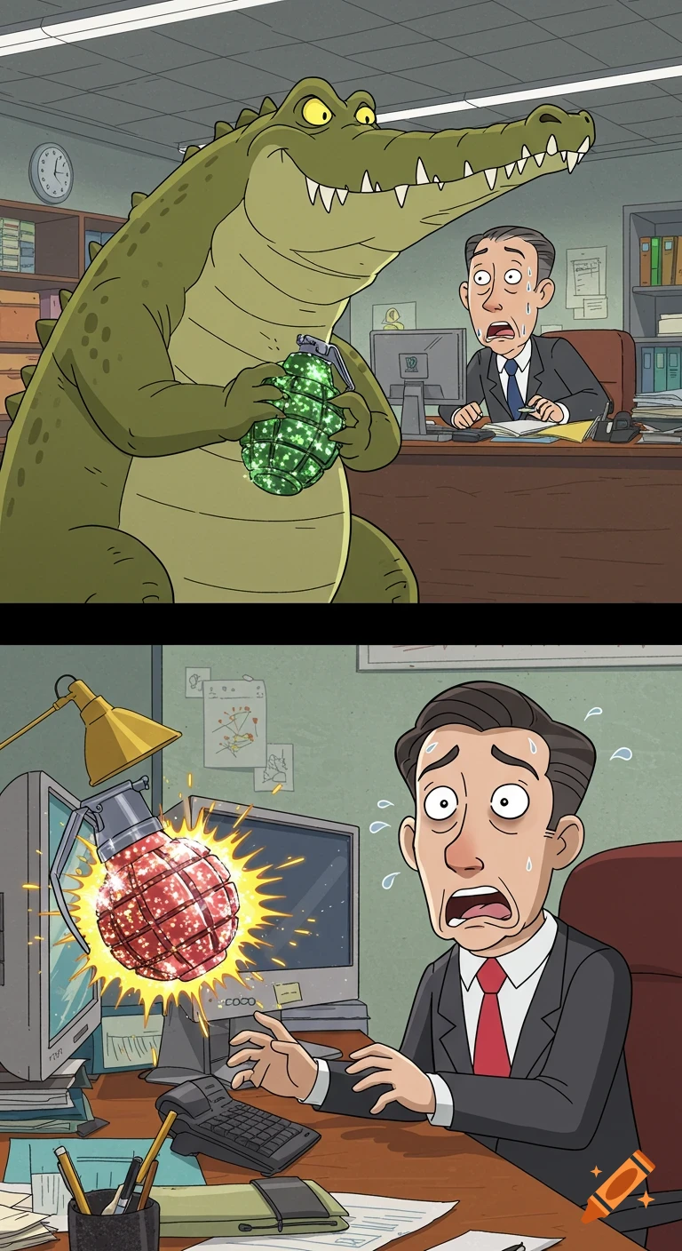 A cartoon crocodile slams a glittery grenade on a shocked manager's desk in an office, with the ...