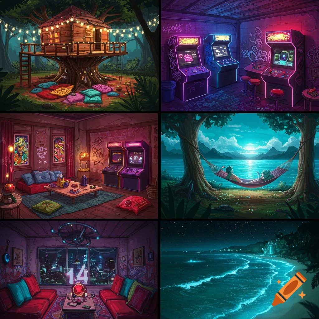 A collage of six vibrant digital art scenes, including a cozy treehouse ...
