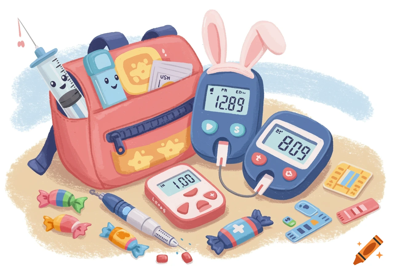 A cute cartoon illustration of diabetic tools for kids, including a ...