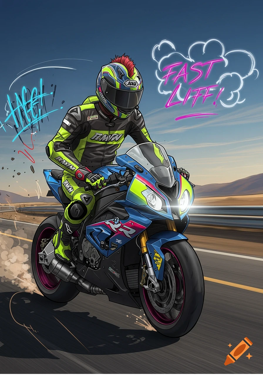 A stylized blue motorcycle with snowflake decals races across an icy ...