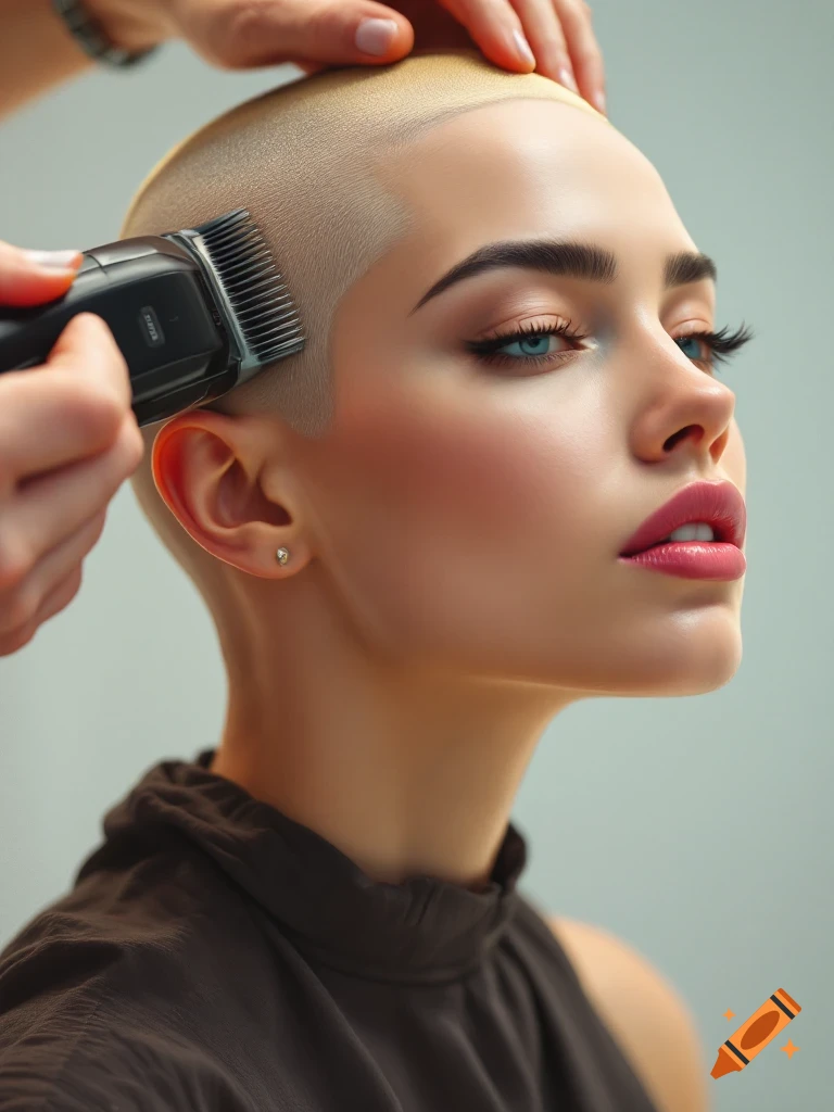 A beautiful woman with striking makeup getting her head shaved bald by ...
