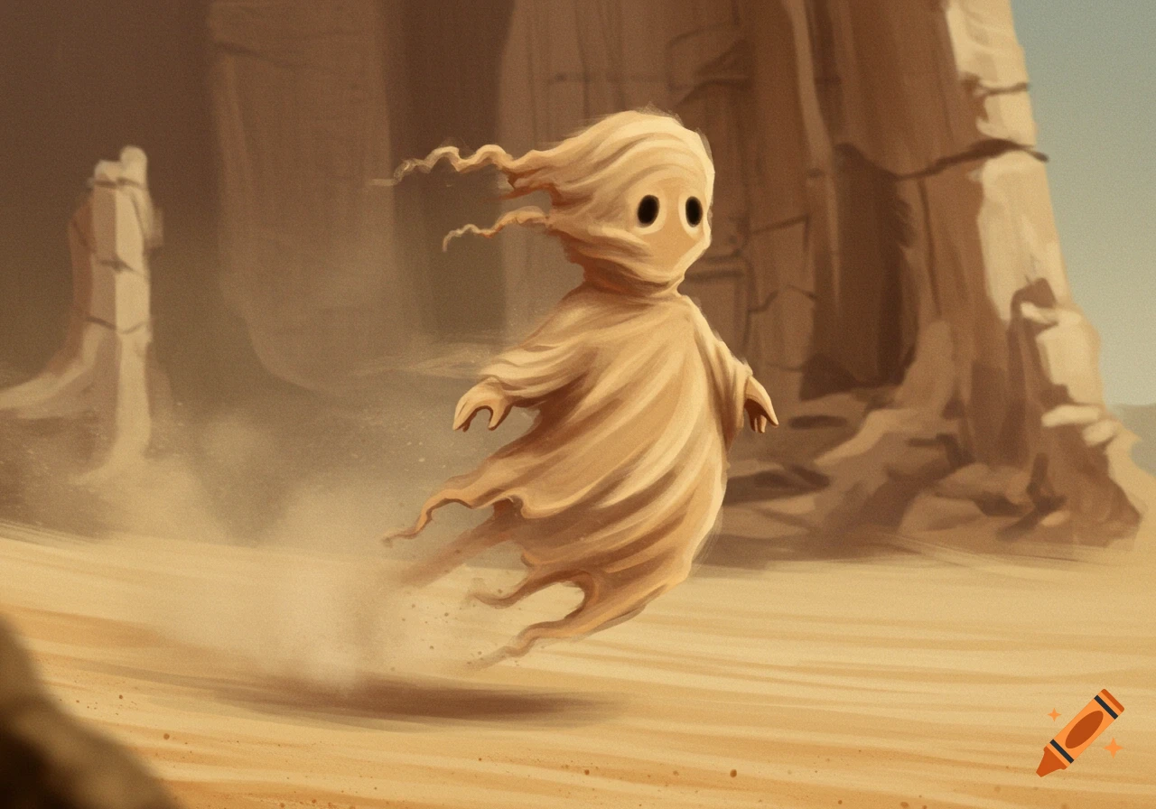 A small, humanoid spirit made of swirling sand floats over a dusty ...