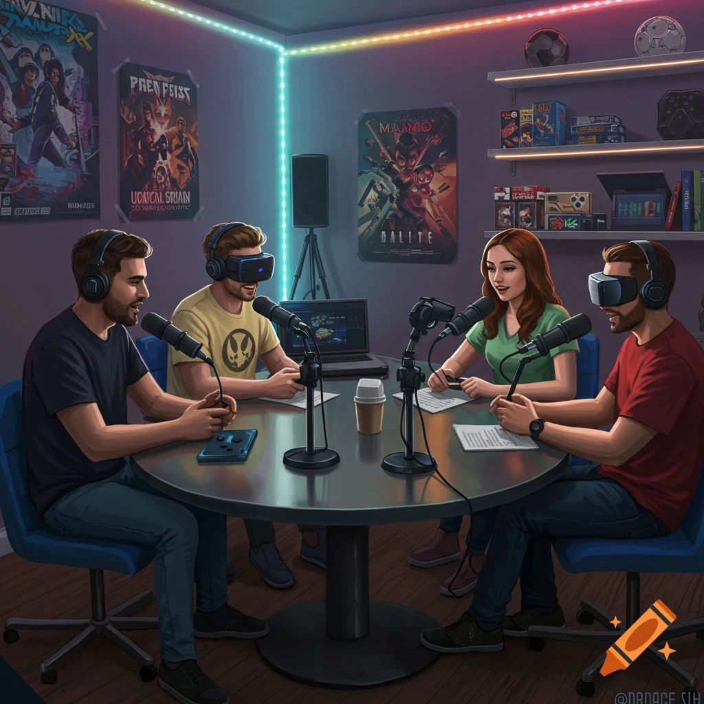 Four people, two wearing VR headsets, recording a podcast in an ...