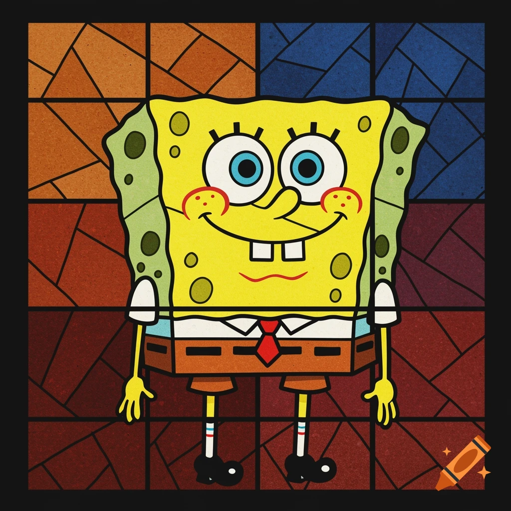 Spongebob Squarepants depicted in a stained glass art style with ...
