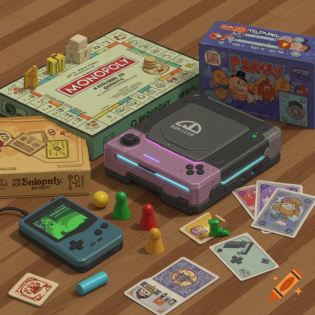 A detailed, illustrative overhead view of a collection of board games ...