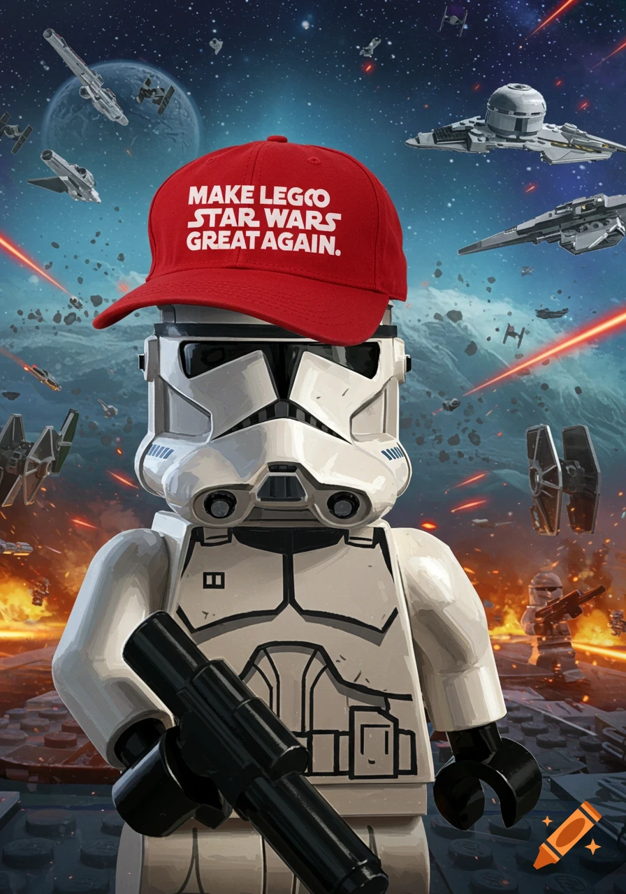 A Lego Star Wars Clone Trooper wears a red 'MAKE LEGO STAR WARS GREAT ...