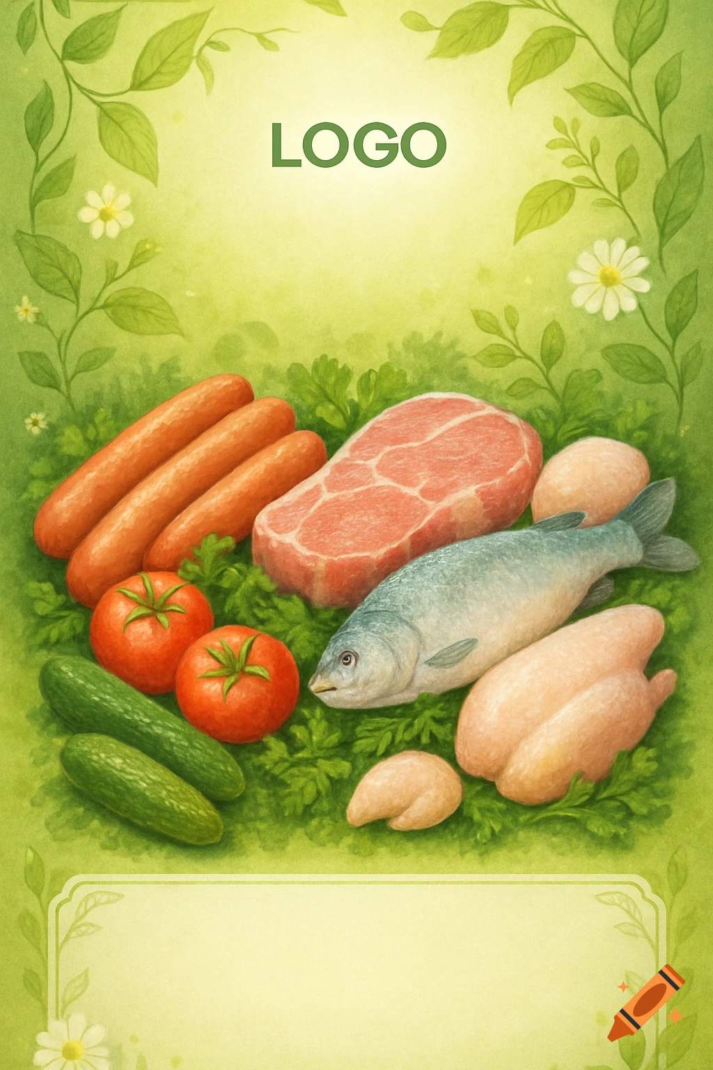 Flyer design with raw meats, fish, sausages, tomatoes, and cucumbers on ...
