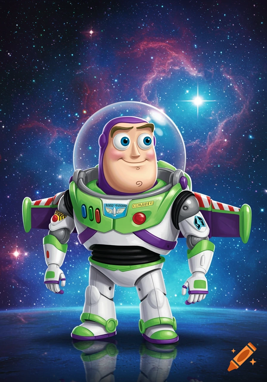 Buzz Lightyear in his white, green, and purple space suit stands in a ...
