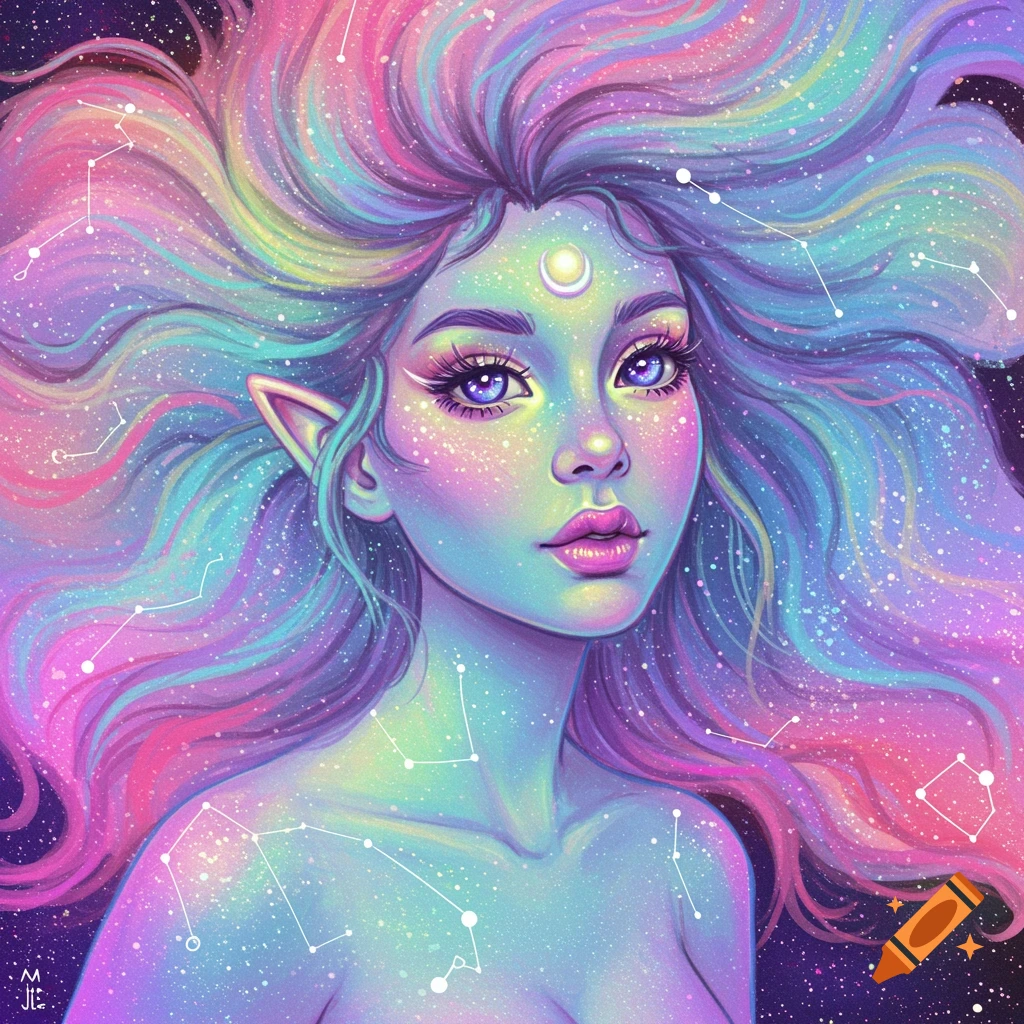 A vibrant fantasy portrait of a cosmic girl with flowing rainbow hair ...