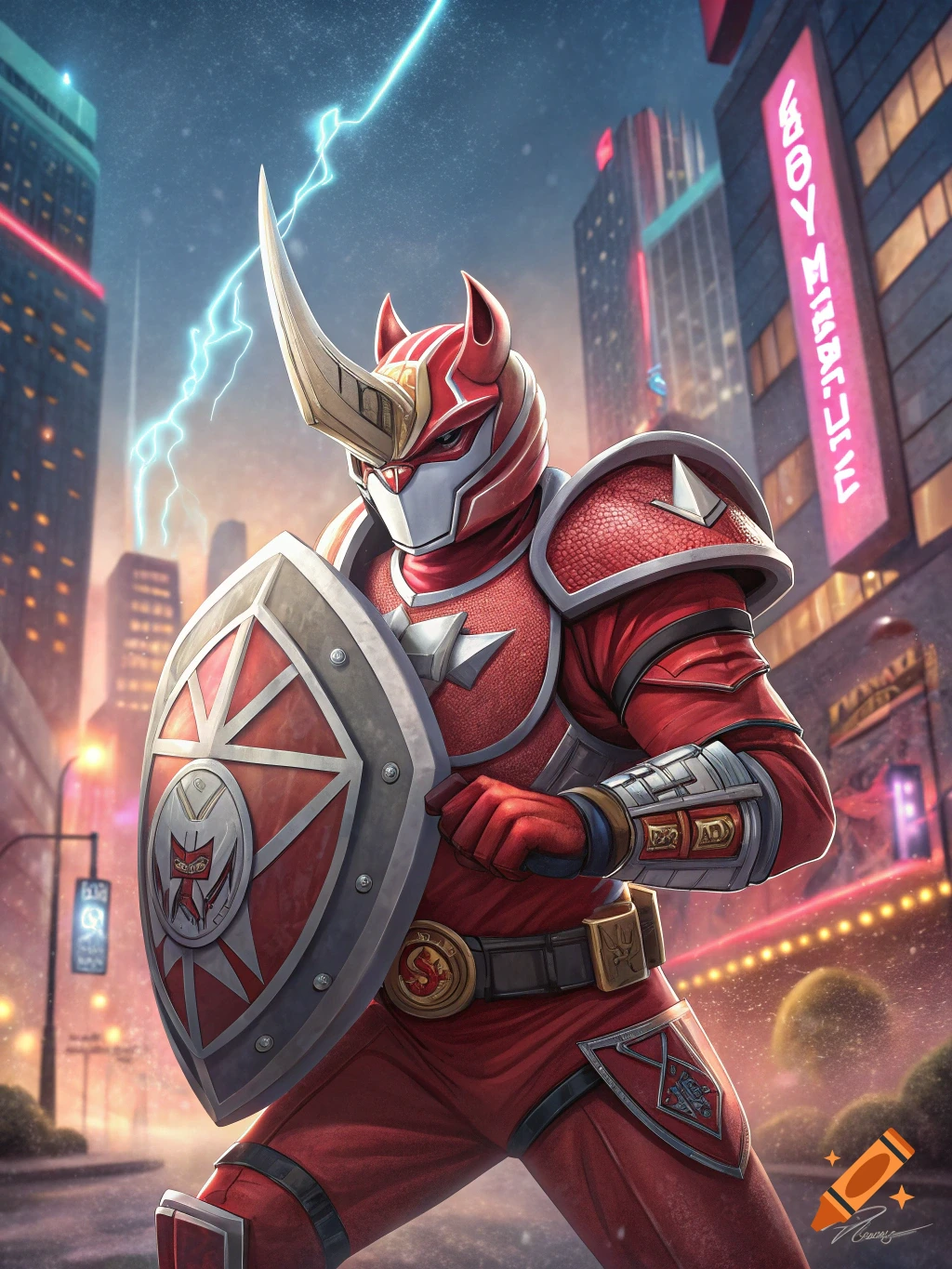 A red rhinoceros-themed Power Ranger in full armor holds a shield in a ...