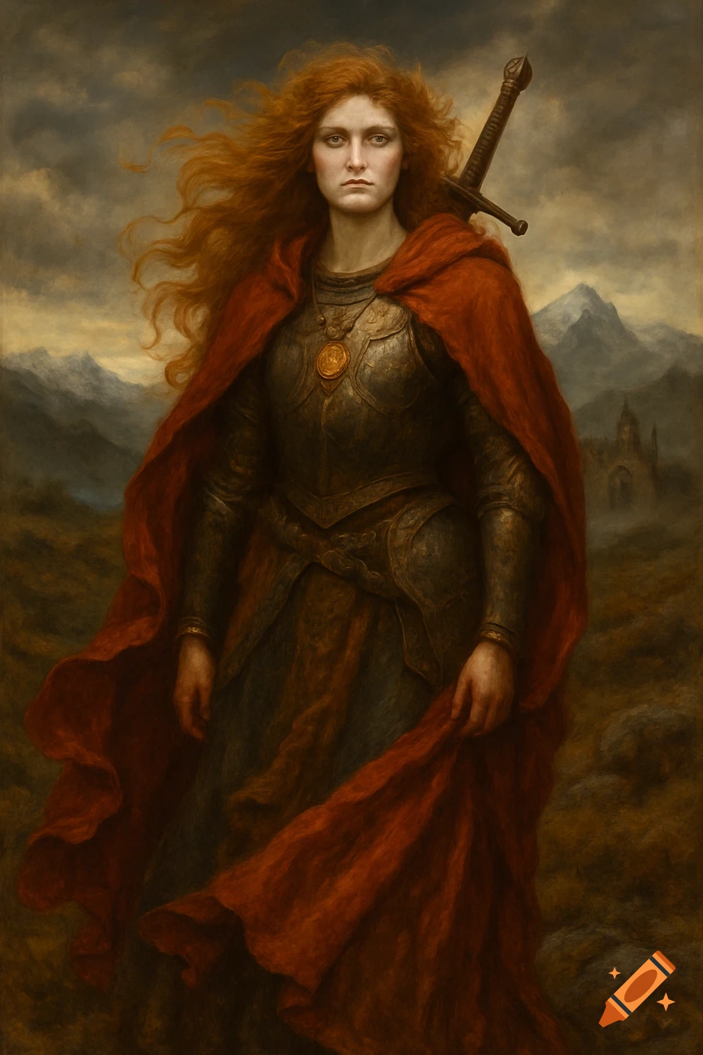 Pre-Raphaelite painting of a red-haired warrior woman in armor and a ...