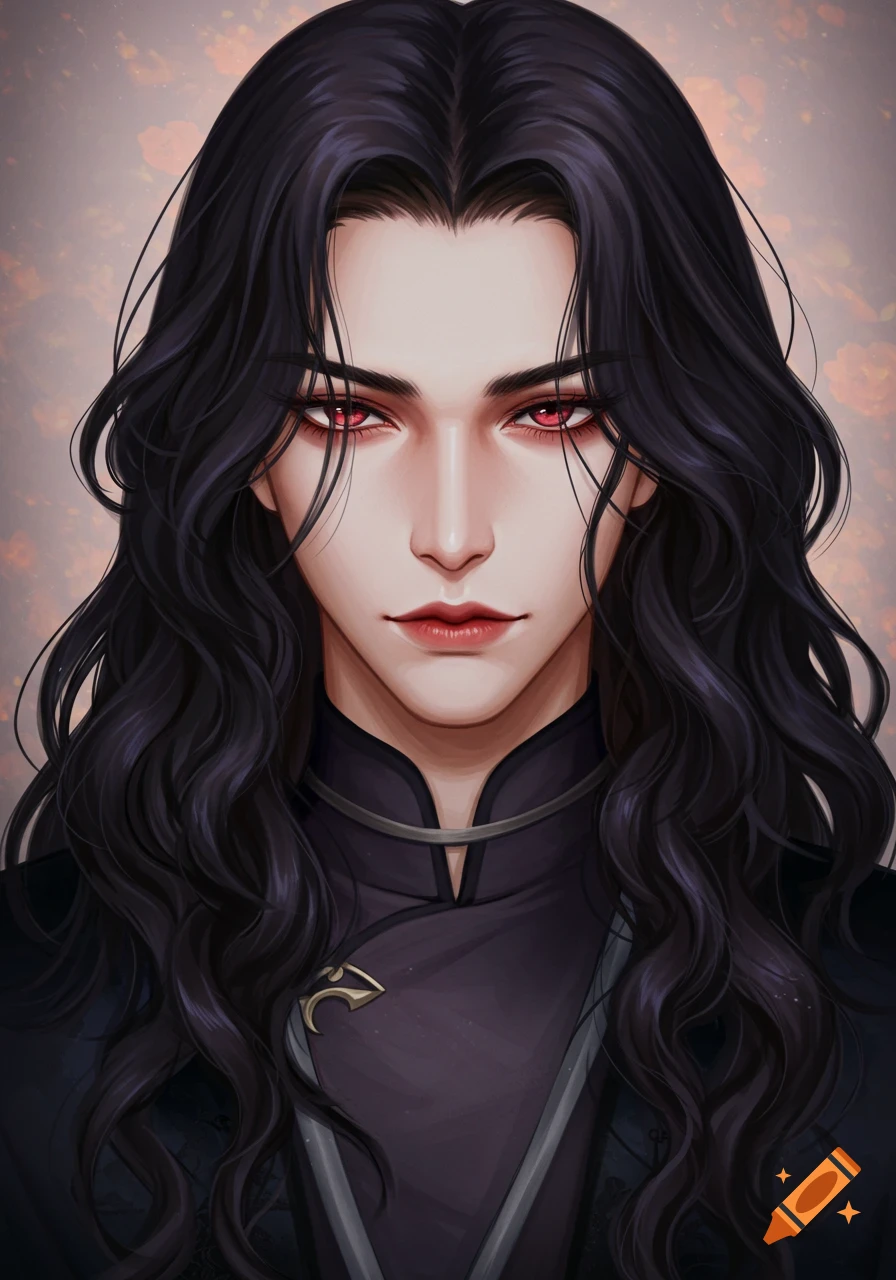 A semi-realistic portrait illustration of a man with long wavy black ...