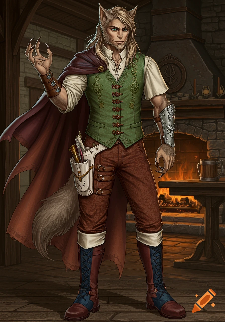 A male werewolf hybrid character with long blonde hair, green eyes ...