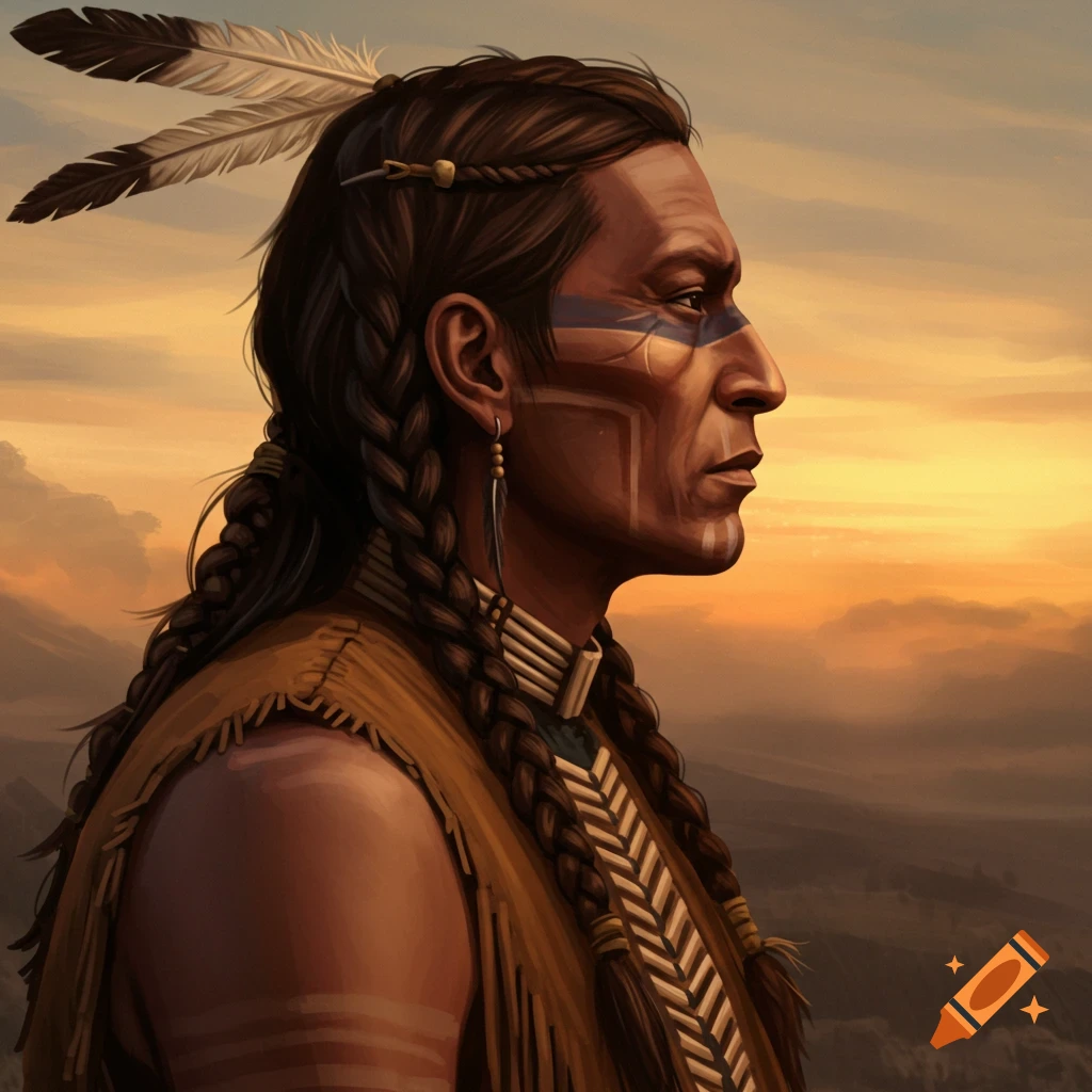 Side profile digital painting of a Native American man with braids ...