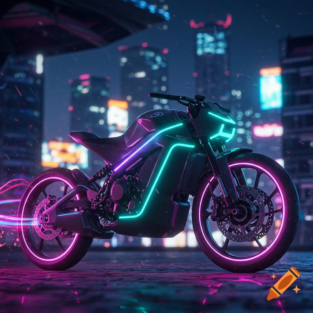 A futuristic neon motorcycle with glowing blue lines in a dark garage ...