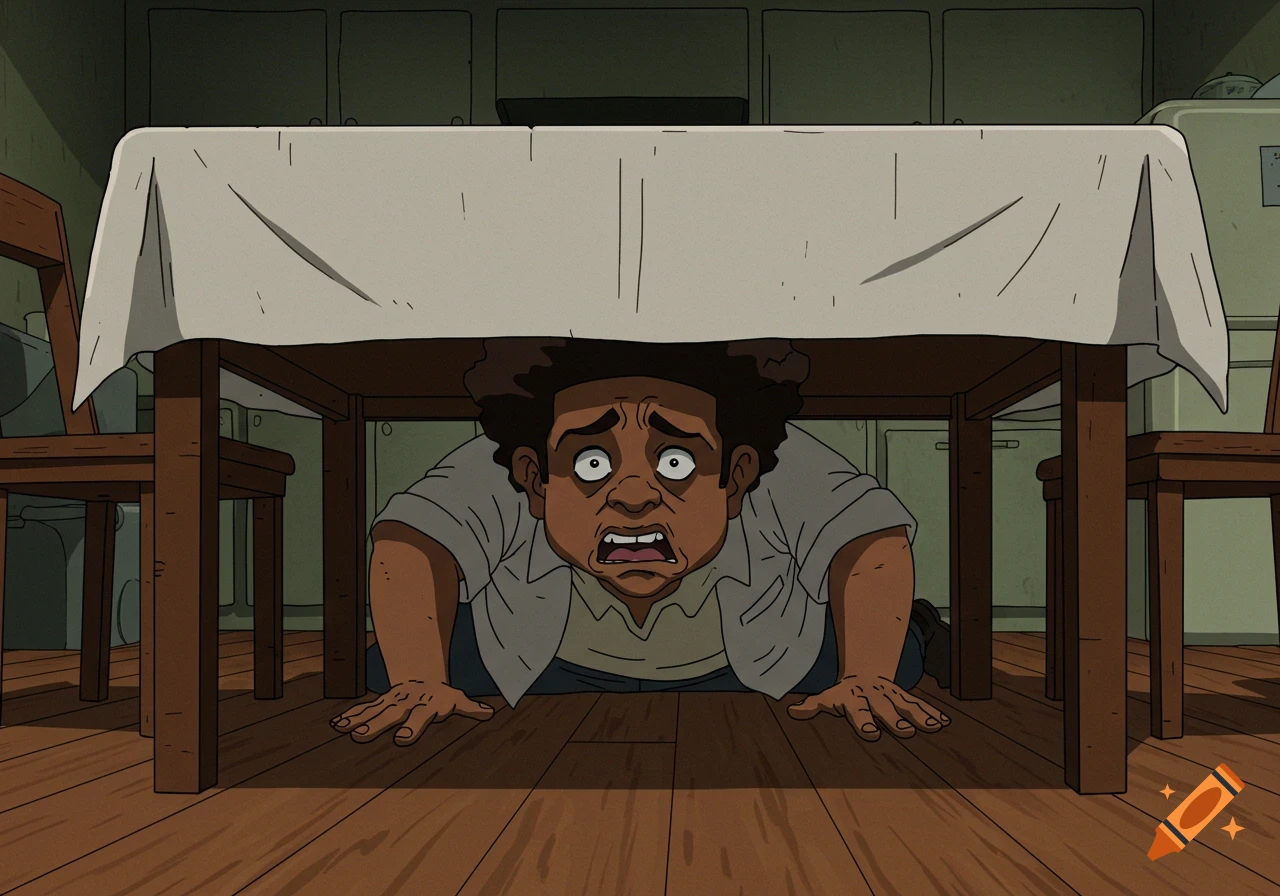 A terrified cartoon man, Uncle Ruckus from The Boondocks, hiding under ...