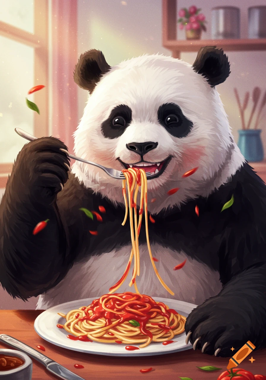 A cute illustrated panda happily eating a large plate of spaghetti with ...