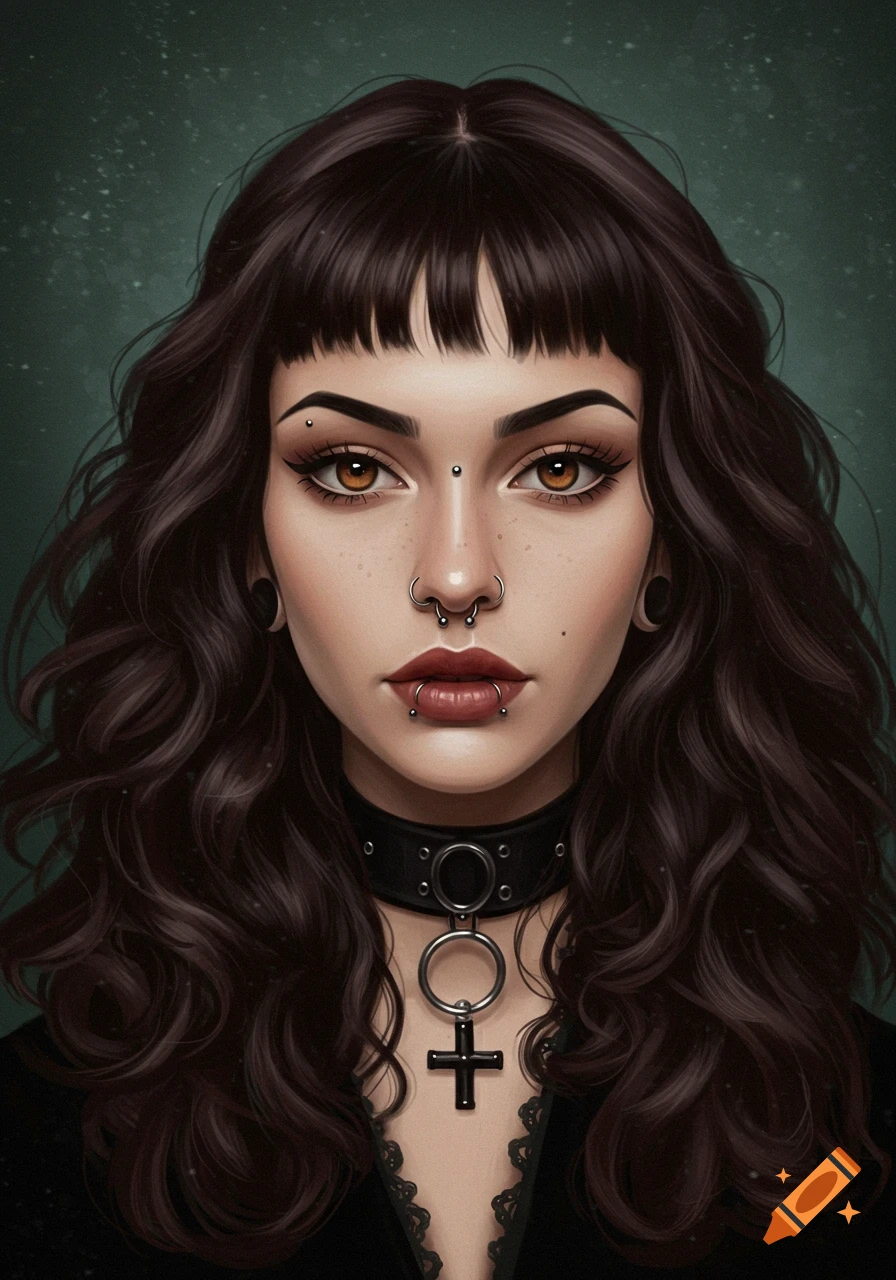 A digital art portrait of a gothic woman with dark wavy hair, bangs, honey eyes, facial ...