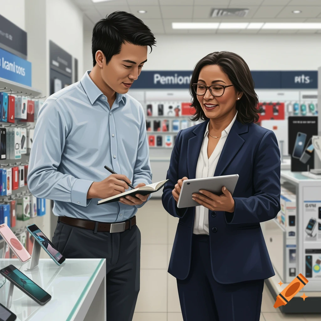 A male sales representative writes in a notebook while a female ...