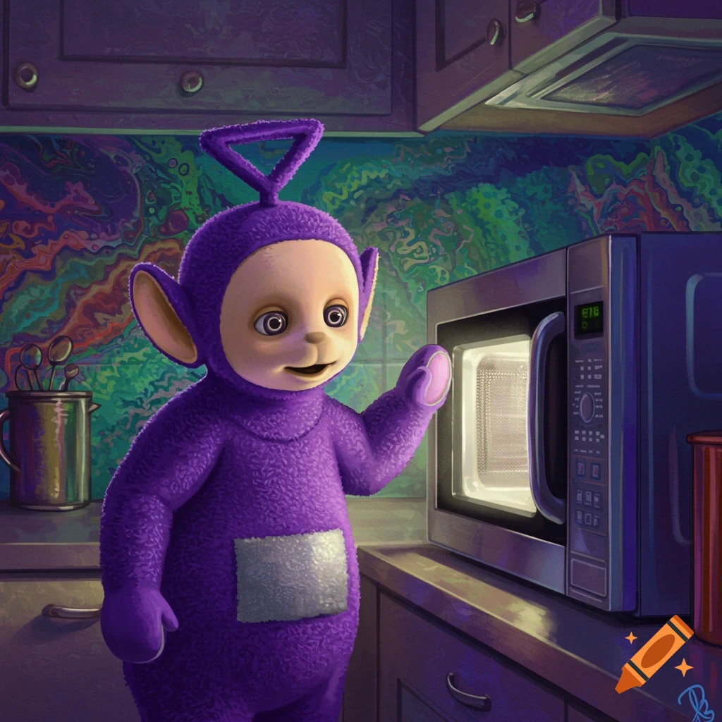 Tinky Winky, the purple Teletubby, stands in a kitchen, looking at an ...
