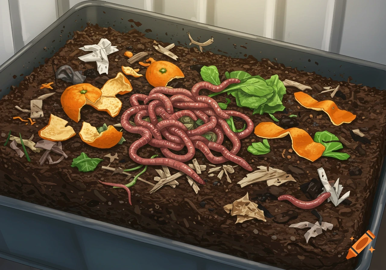 Illustration of a worm farm with a large group of worms amidst dirt and ...