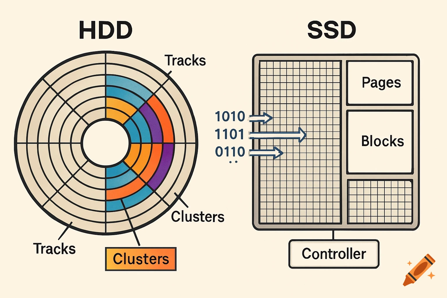 A clear diagram comparing data organization in an HDD (Tracks, Clusters ...