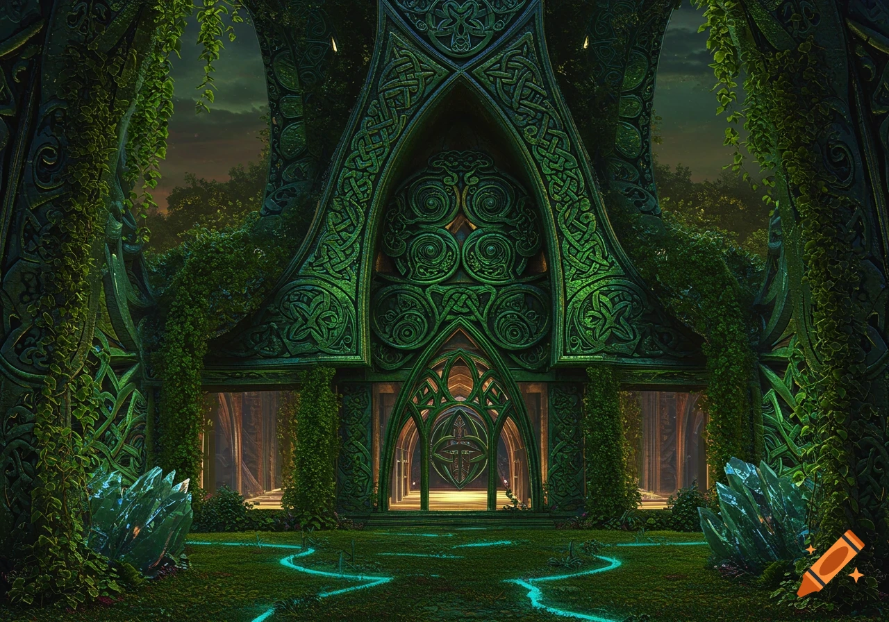 Elaborate green building with intricate Celtic patterns, surrounded by ...